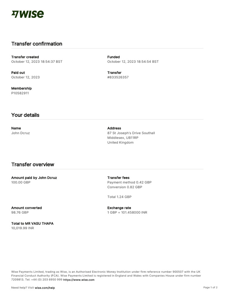 Transfer Receipt | PDF