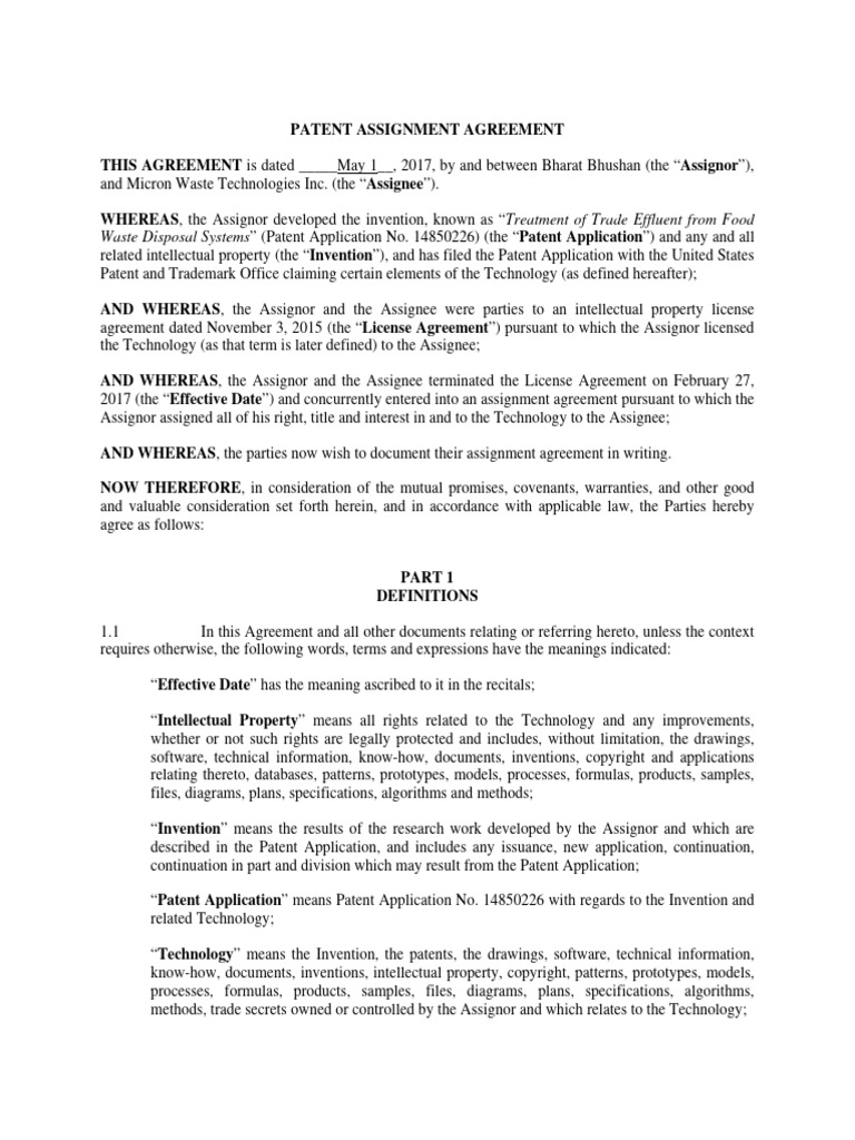 Patent Assignment Agreement | PDF | Assignment (Law) | Patent