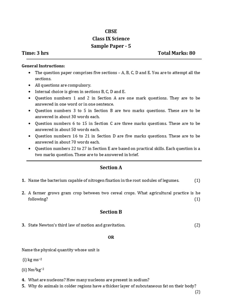 Cbse Class IX Science Sample Paper - 5 Time: 3 Hrs Total Marks: 80 ...