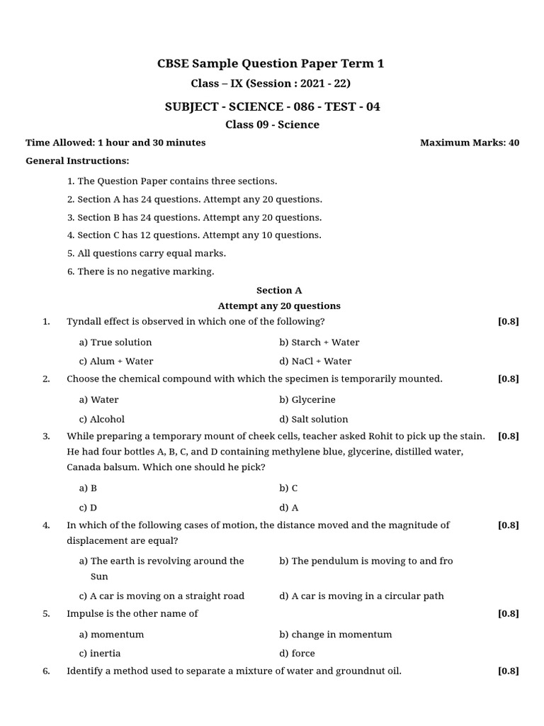 CBSE Sample Question Paper Term 1: Class - IX (Session: 2021 - 22 ...