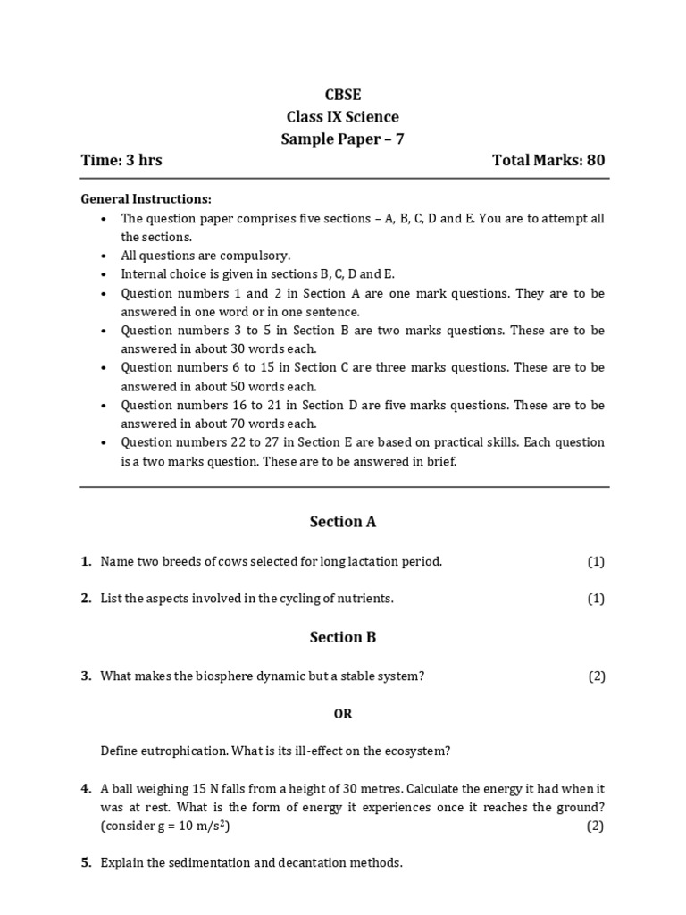 Cbse Class IX Science Sample Paper - 7 Time: 3 Hrs Total Marks: 80 | PDF