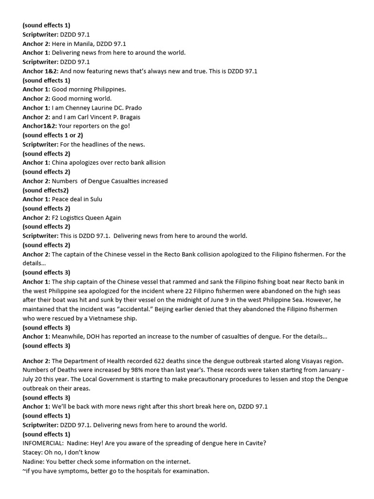 DZDD 97.1 News Broadcast Script | PDF