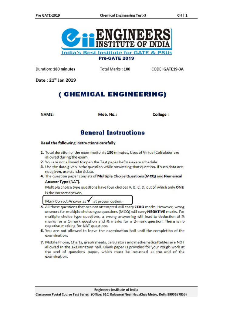 GATE 2019 Chemical Engg. Prep | PDF