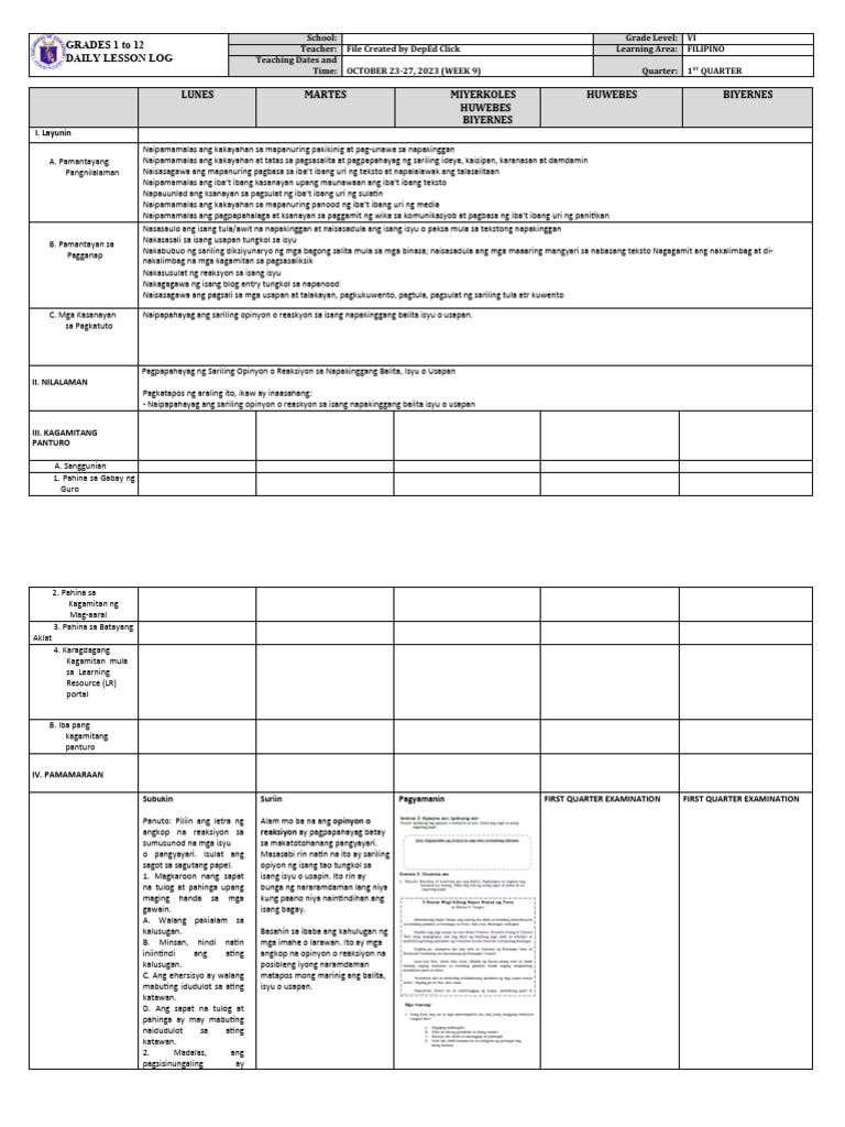 DLL - Filipino 6 - Q1 - W9 | PDF