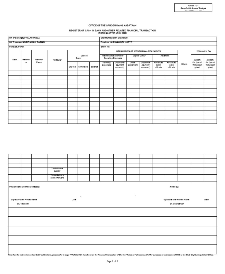 3.6 SK MC - ANNEX D Sample Register of Cash in Bank RCB and Other ...