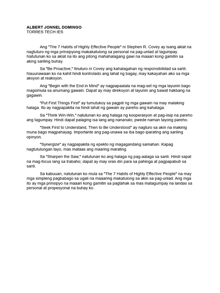 7 Habits Reflection Paper | PDF