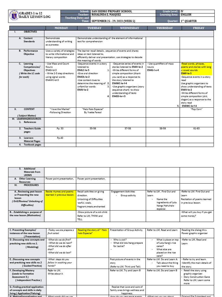 DLL - English 4 - Q1 - W5 | PDF