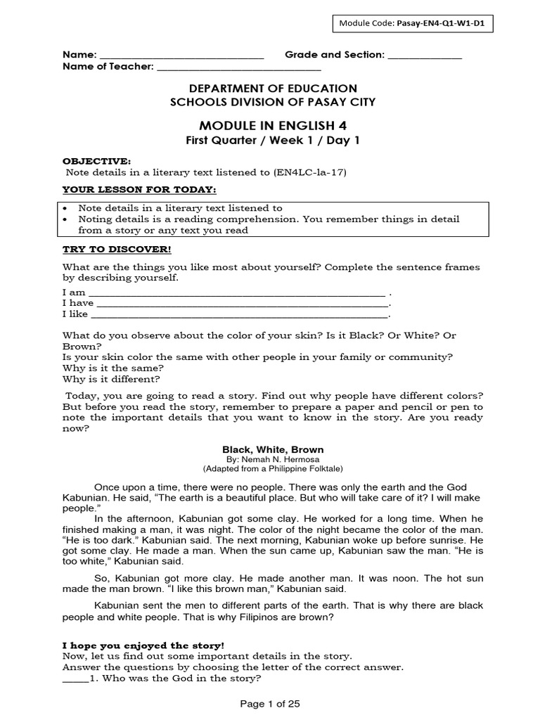 2 Pasay Grade 4 English Q1 W1 | PDF