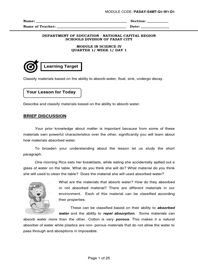 4 Pasay Grade 4 Science Q1 W1 Pdf Biodegradation Buoyancy
