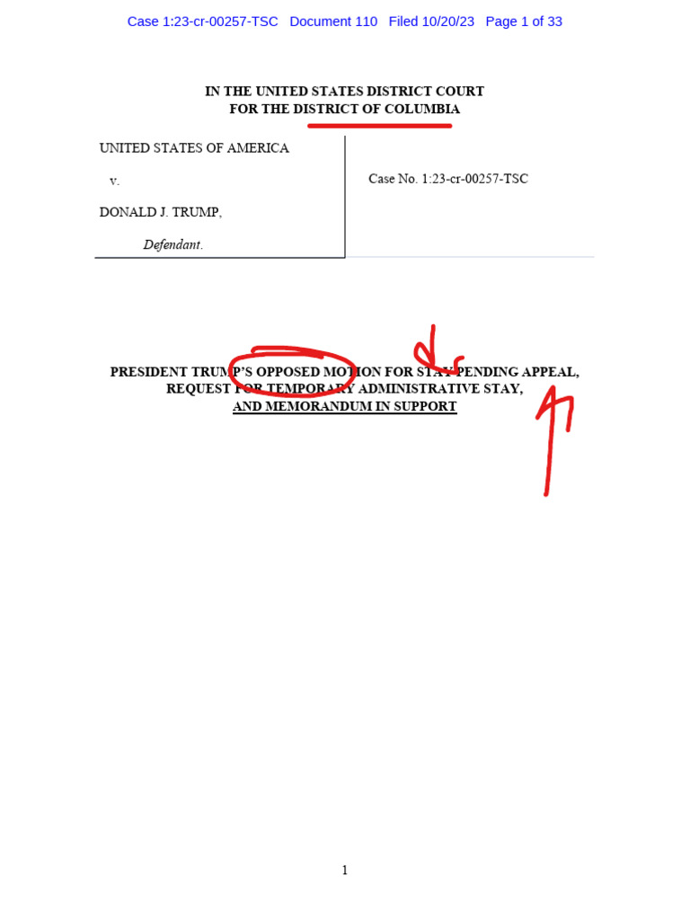 Trump Motion To Stay Judge Chutkan Gag Order | PDF