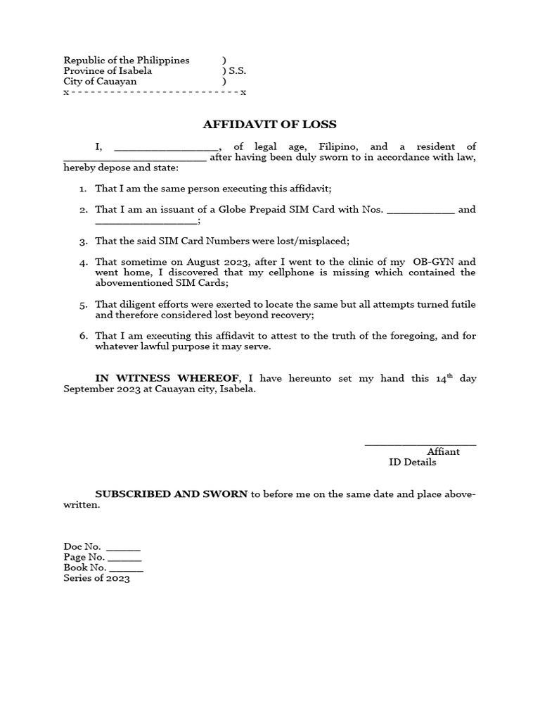 Affidavit of Loss for SIM Cards | PDF