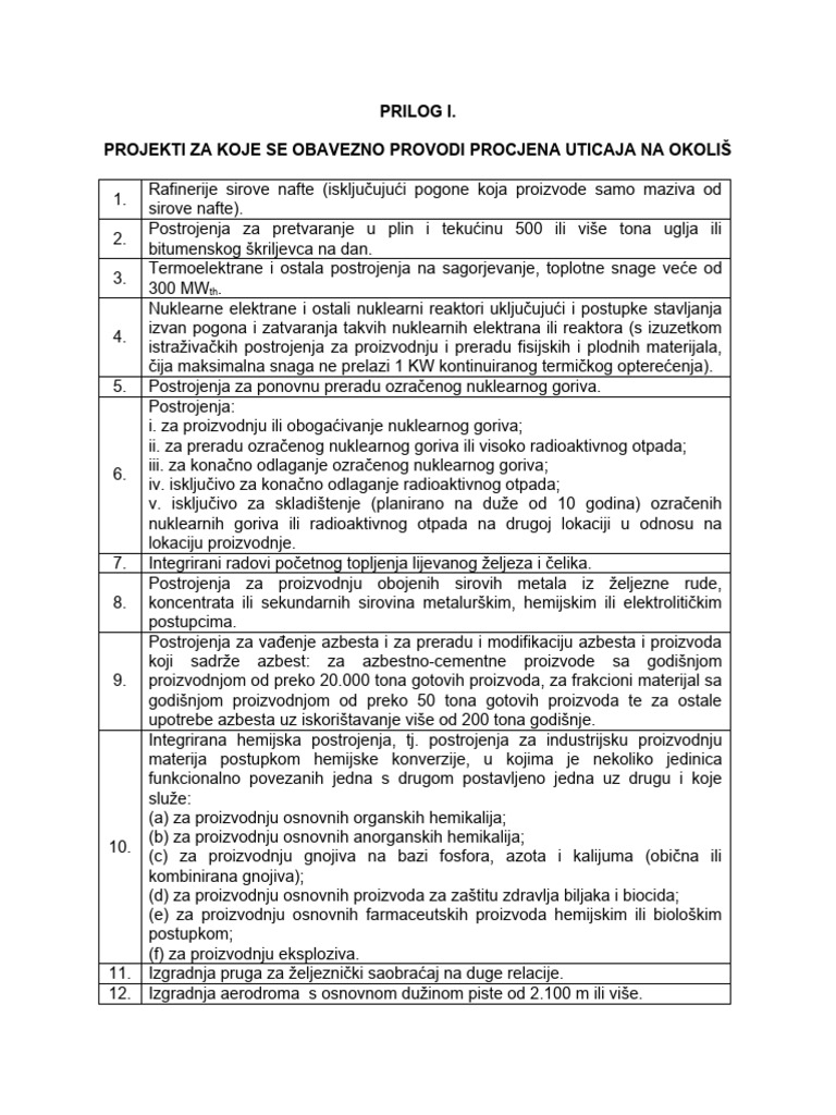 Prilog I PROJEKTI ZA KOJE SE OBAVEZNO PROVODI PROCJENA UTICAJA NA OKOLIS | PDF