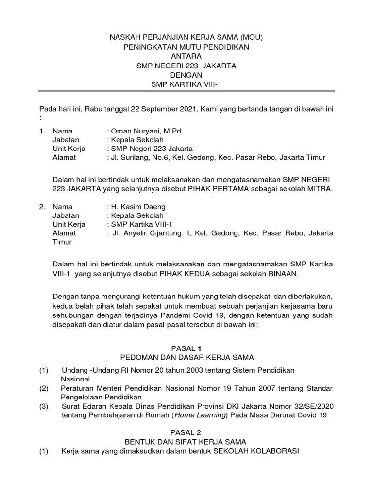 Mou Sekolah Kolaborasi-Smpn 223 + SMP Kartika Viii-1 | PDF