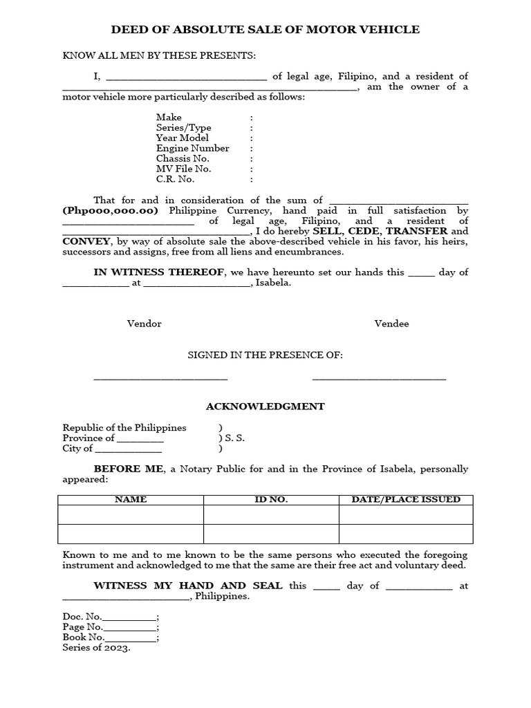 Deed of Absolute Sale - Motor Vehicle Sample | PDF