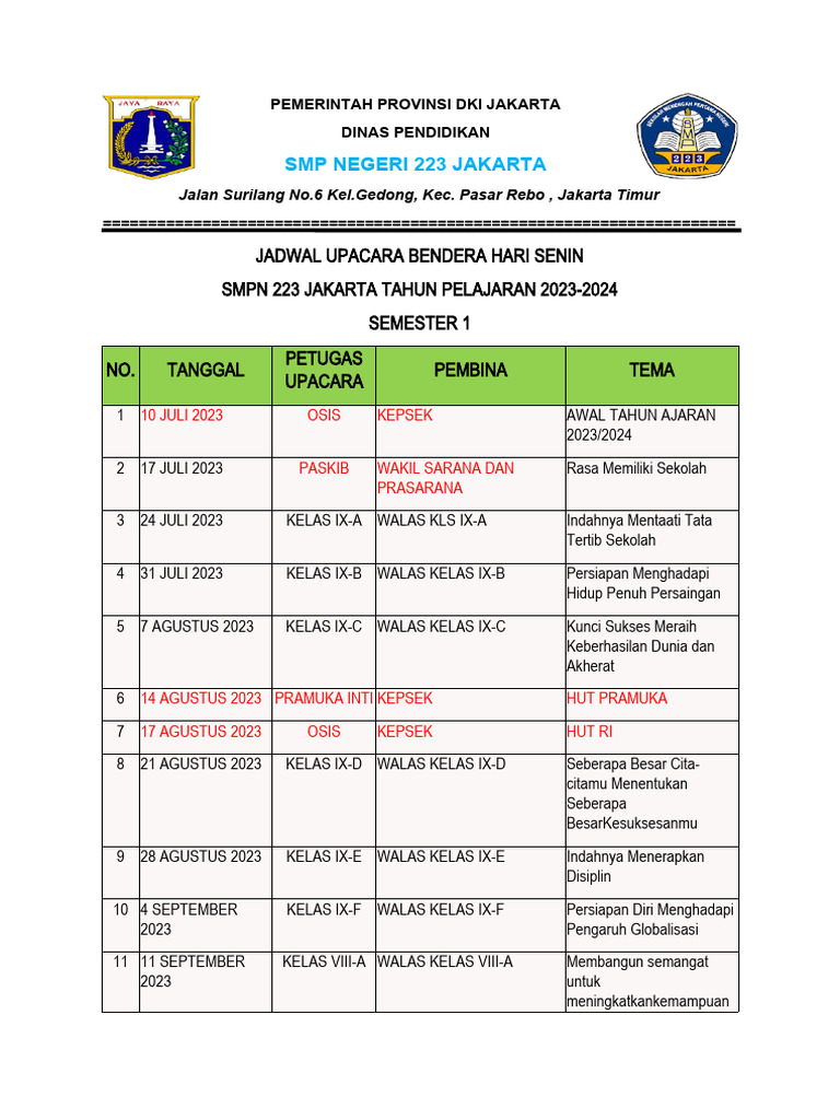Jadwal Upacara Bendera 2023-2024 | PDF