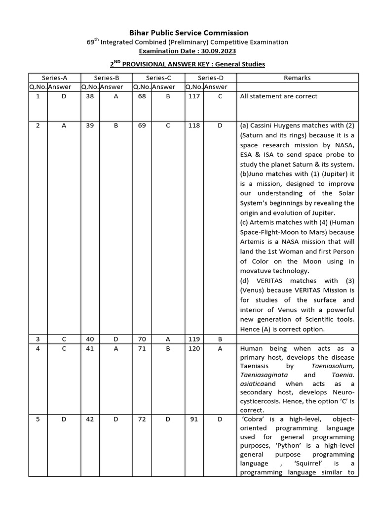 BPSC 69th Pre Ans Key | PDF