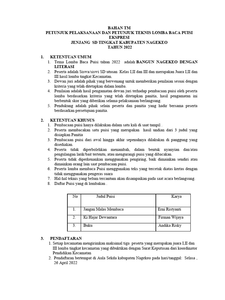 Bahan TM Petunjuk Pelaksanaan Dan Petunjuk Teknis Lomba Baca Puisi Ekspresi | PDF