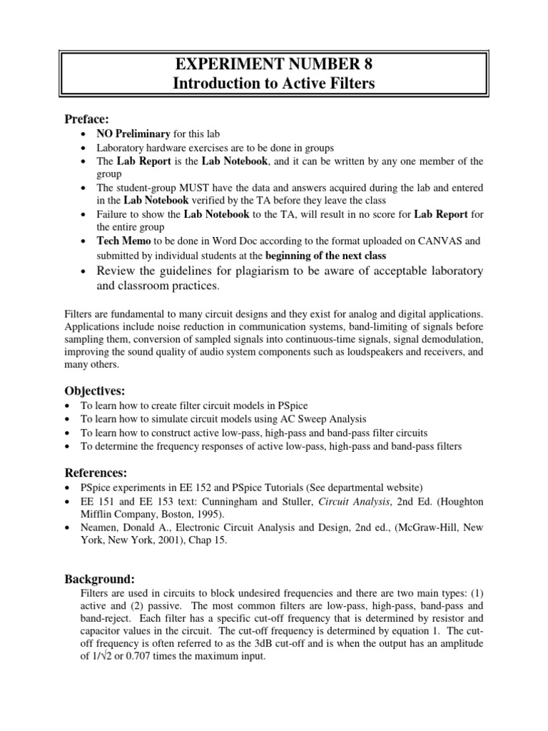 EE 2201 Experiment 08 Introduction To Filters | PDF