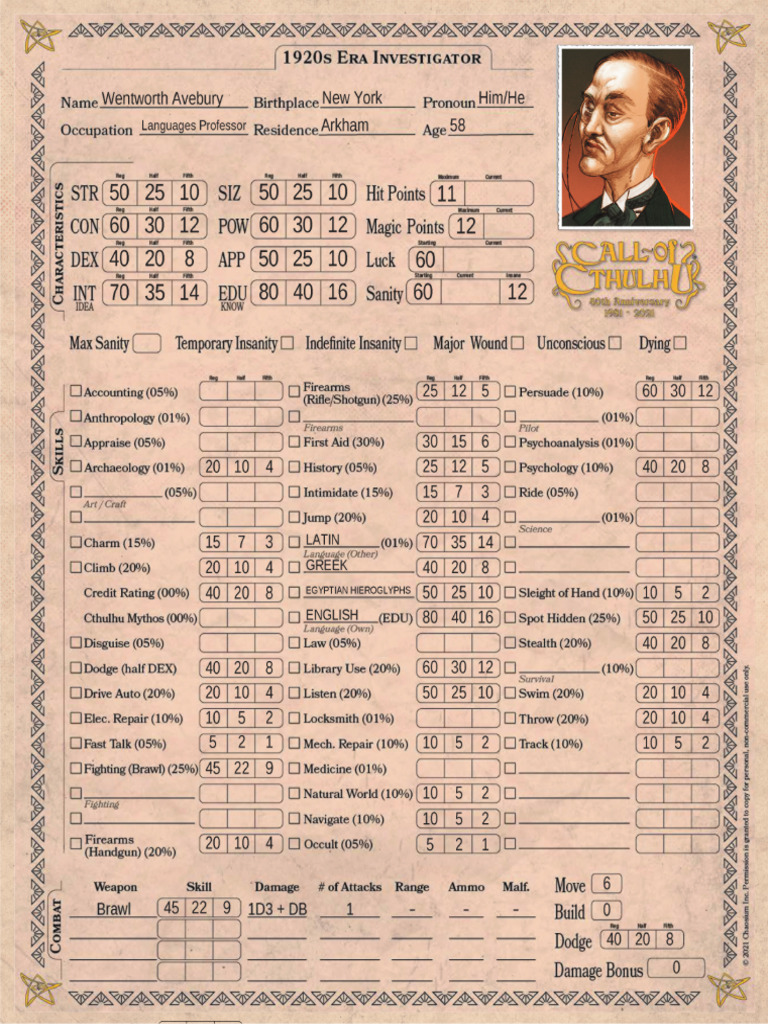 Wentworth Averbury - Character Sheet | PDF