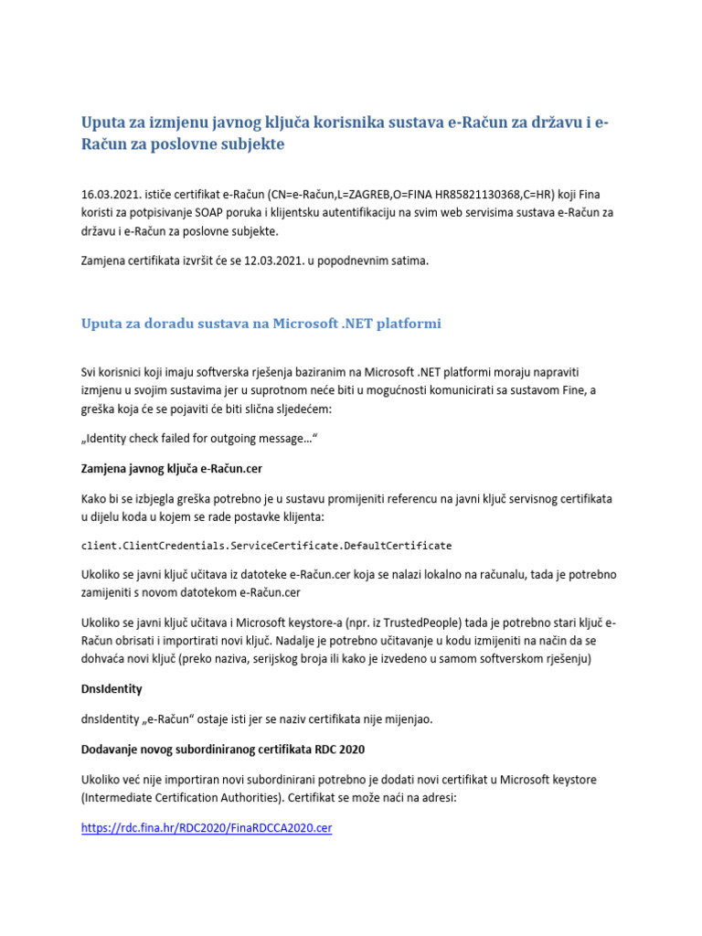 Uputa Za Izmjenu Javnog Kljuä A e-RaÄ Un | PDF
