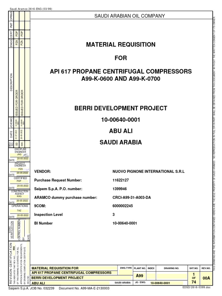 Material Requisition FOR Api 617 Propane Centrifugal Compressors A99-K-0600 AND A99-K-0700 | PDF