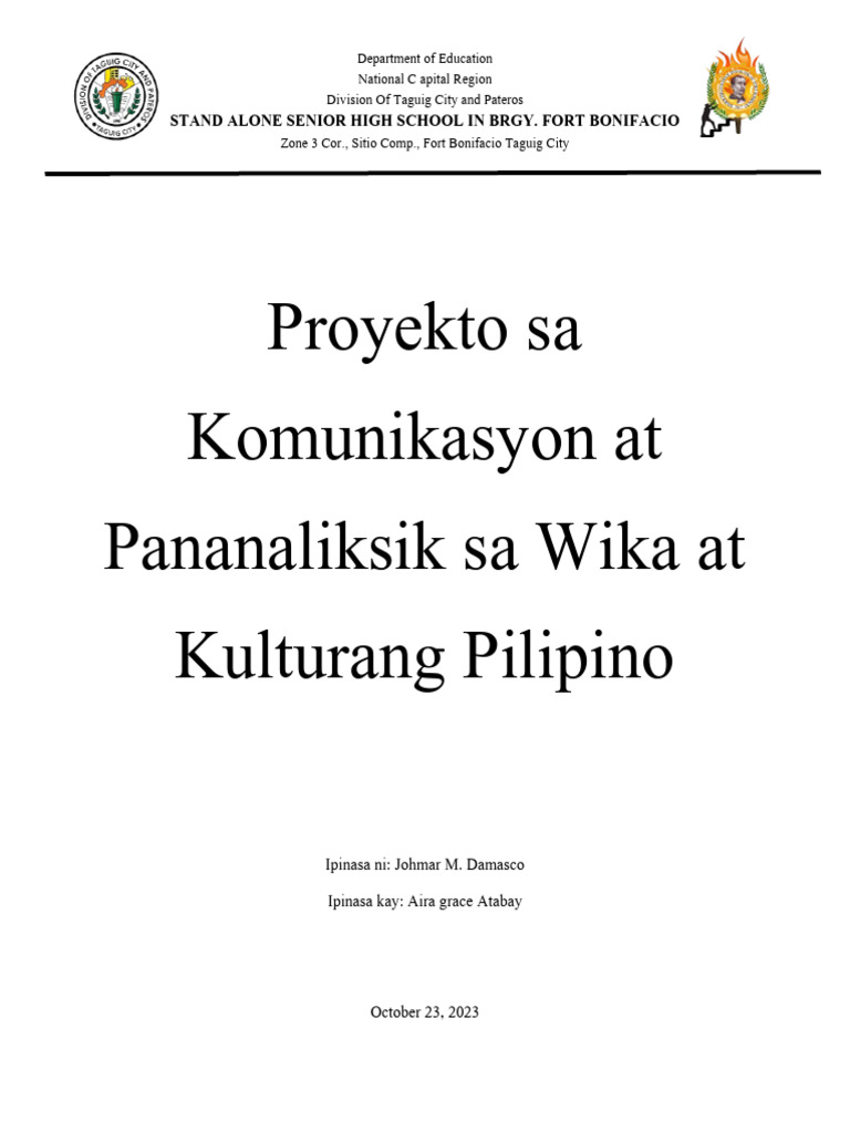 Proyekto Sa Komunikasyon at Pananaliksik Sa Wika at Kulturang Pilipino ...