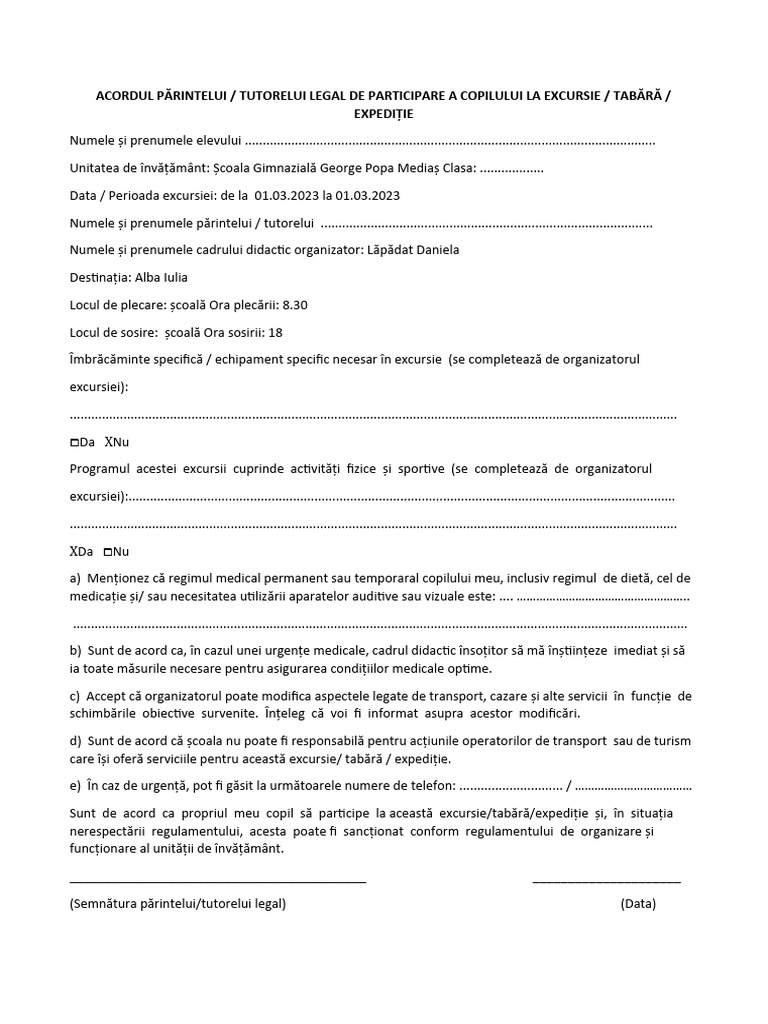 Acordul - Parintelui Excursie Tabara Model | PDF