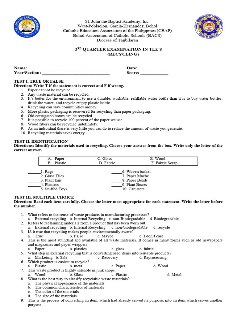 3rd Quarter Exam in Tle 8 (Recycling) | PDF