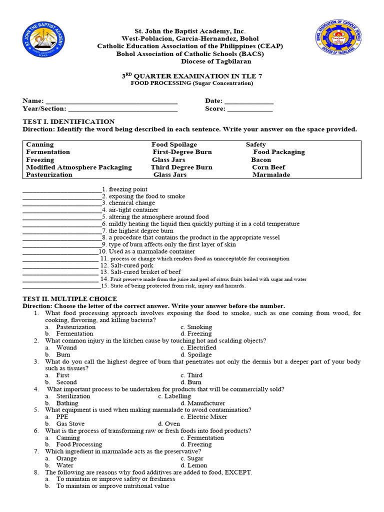 TLE 7: 3rd Quarter Food Processing Exam | PDF