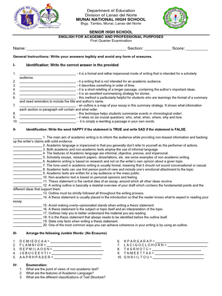 Eapp Grade 12 (First Quarter) Exam - 72 Students | PDF