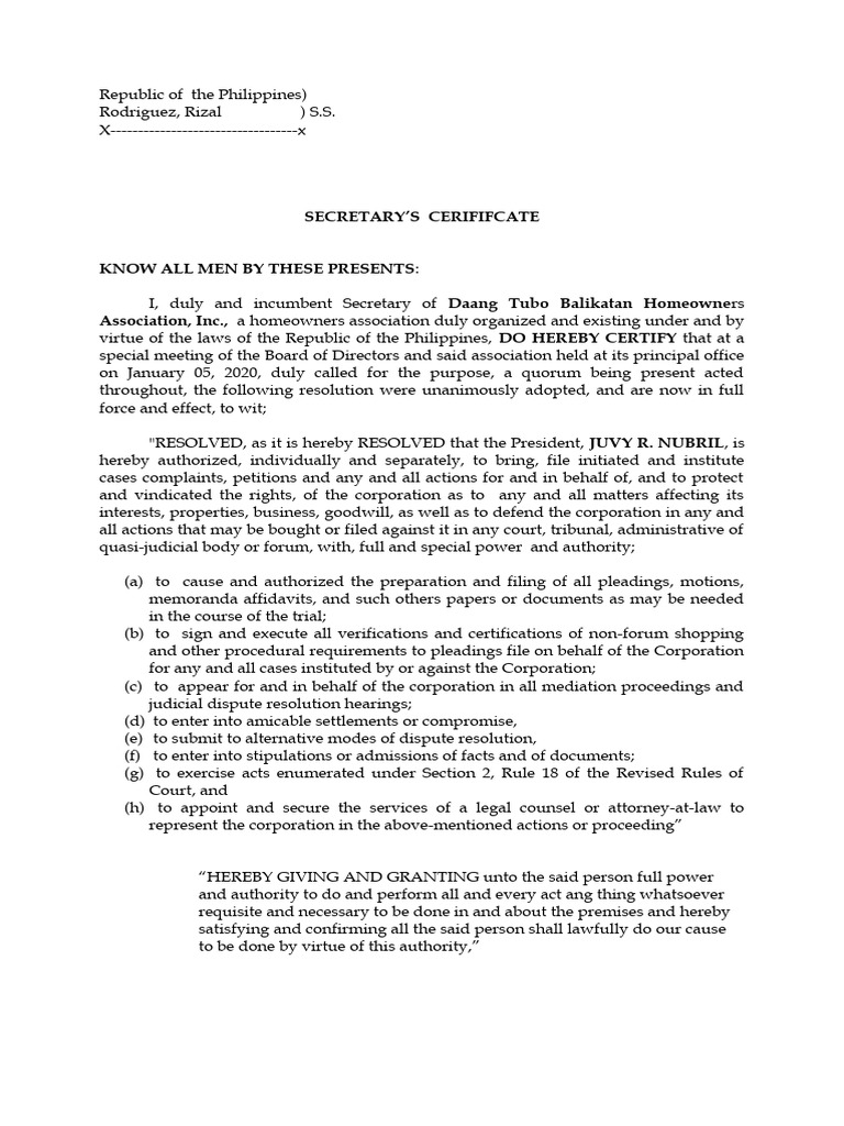 Secretarys Certificate | PDF