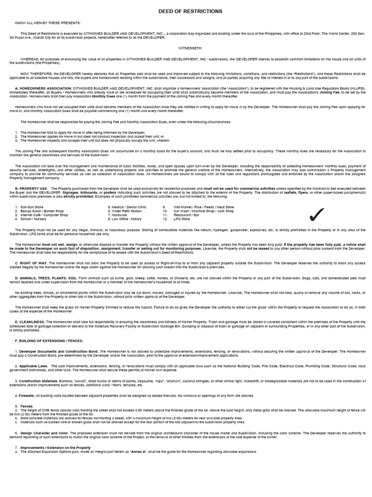 MyCitiHomes Deed of Restrictions | PDF