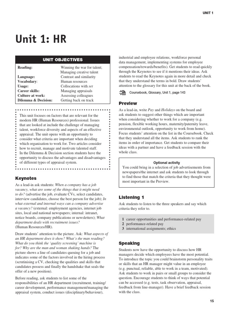 IntelligentBusiness Advanced TeacherBook Unit1 | PDF