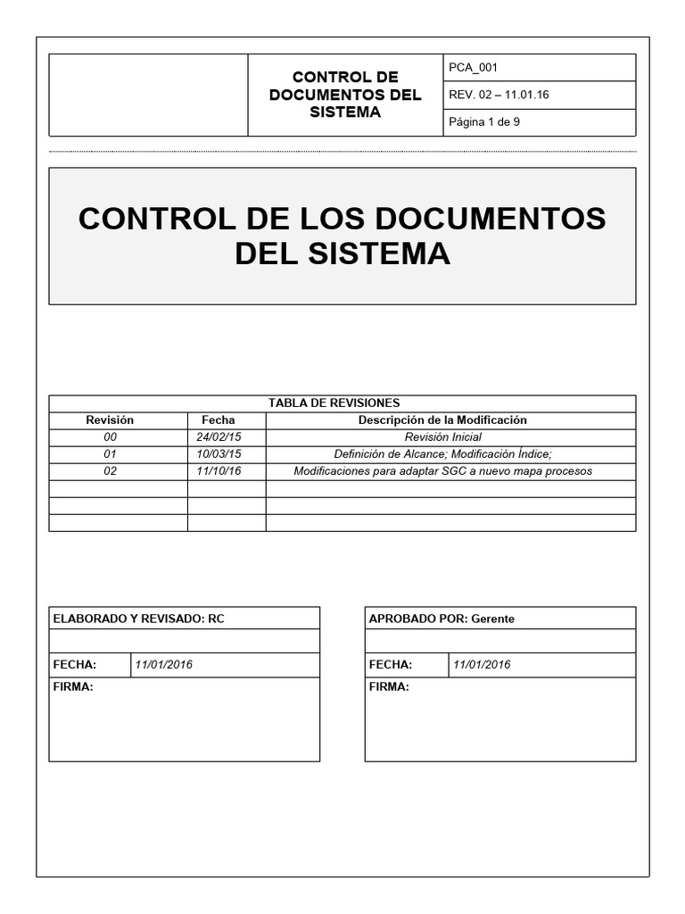 PCA 001-Control Documentos Rev.01 | PDF