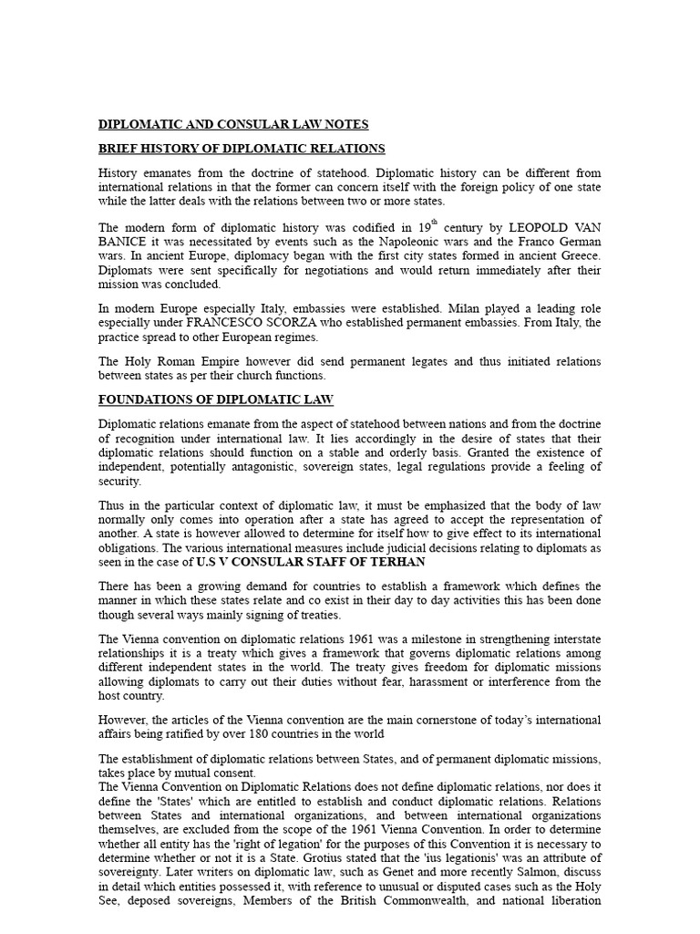 Diplomatic and Consular Law Notes PDF | PDF