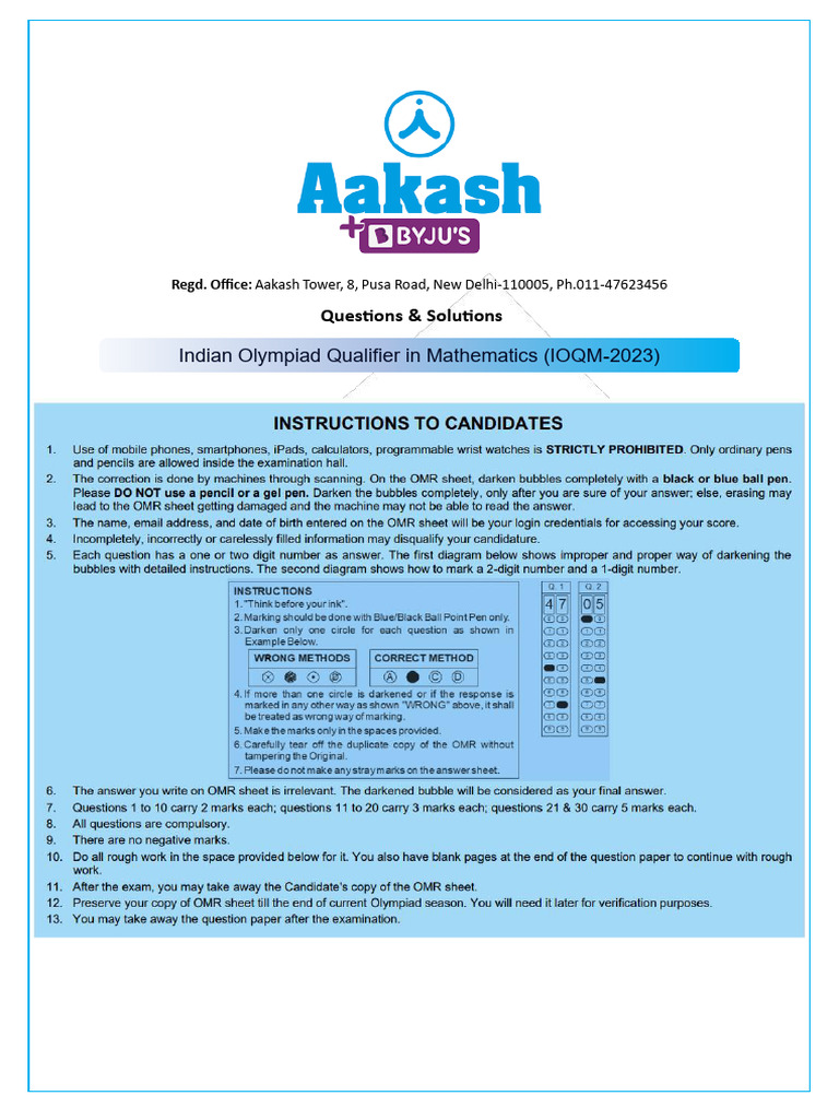 IOQM - 2023 Question Paper With Soluitons | PDF