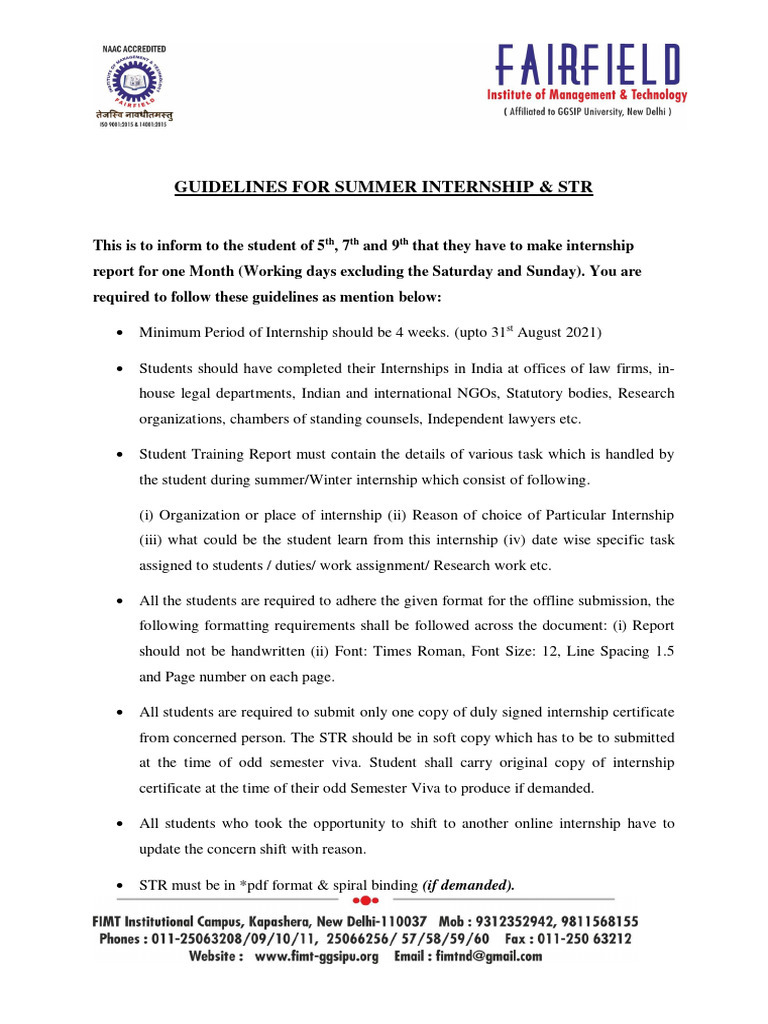 Guidelines For Summer Internship & STR | PDF