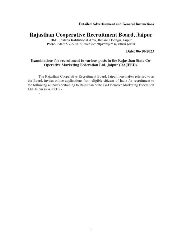 RAJFED Recruitment Advertisement 2023 | PDF