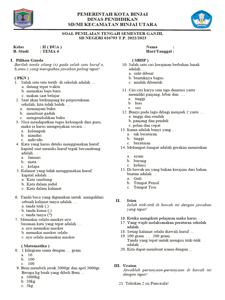 Soal Ujian SD Kelas 2 Binjai Utara | PDF