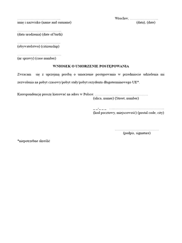 Wniosek o Umorzenie Postepowania Karta Pobytu Wroclaw | PDF