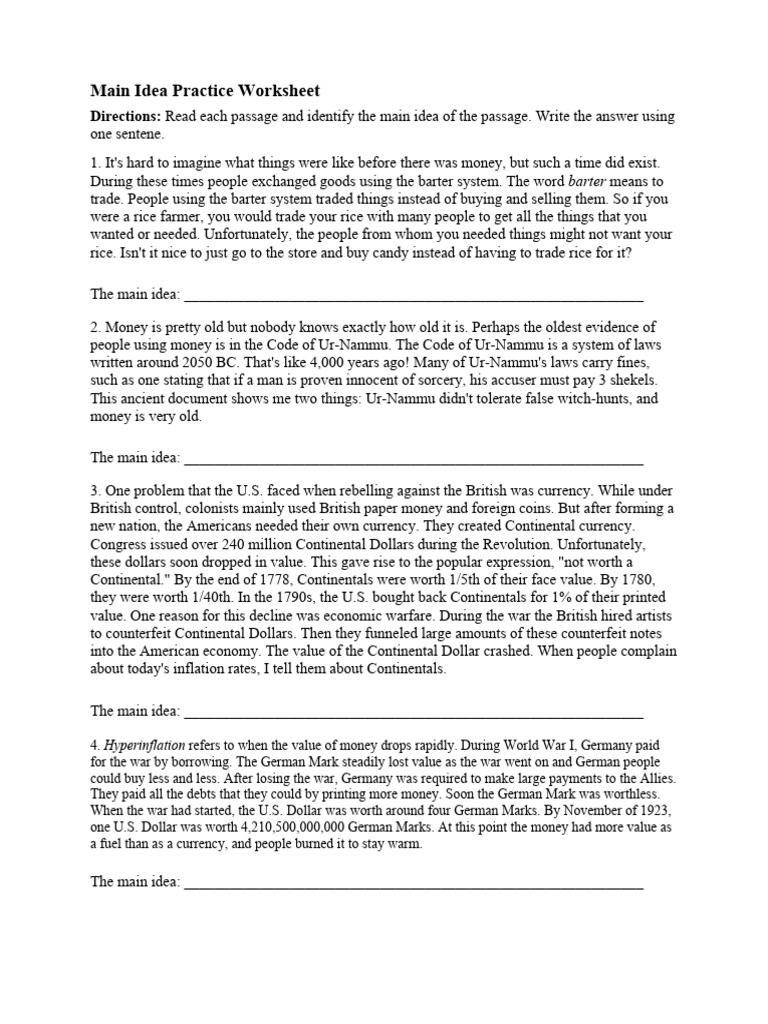Main Idea Practice Worksheet | PDF