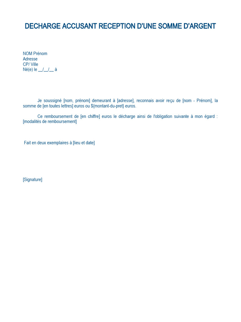 Décharge de réception d'argent | PDF