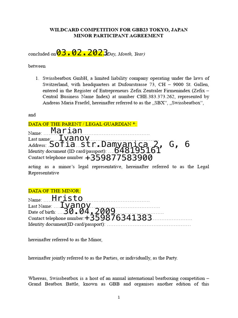 FORM GBB23 - Minor Wildcard Participant Agreement FOR WILDCARD SUBMITTERS | PDF