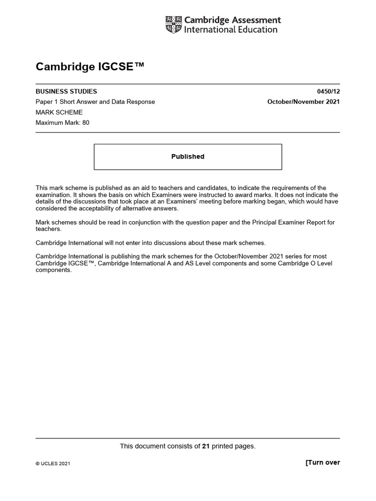 Cambridge IGCSE™: Business Studies 0450/12 October/November 2021 | PDF