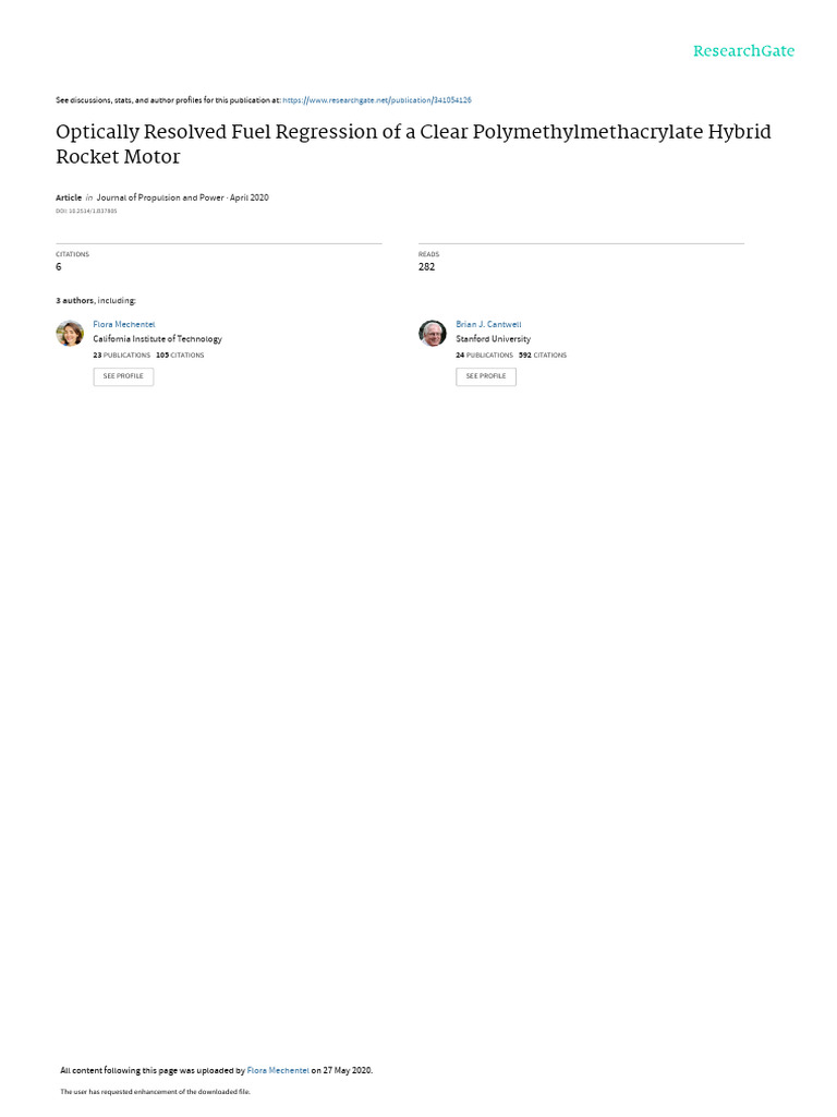 Optically Resolved Fuel Regression of A Clear Polymethylmethacrylate Hybrid Rocket Motor | PDF