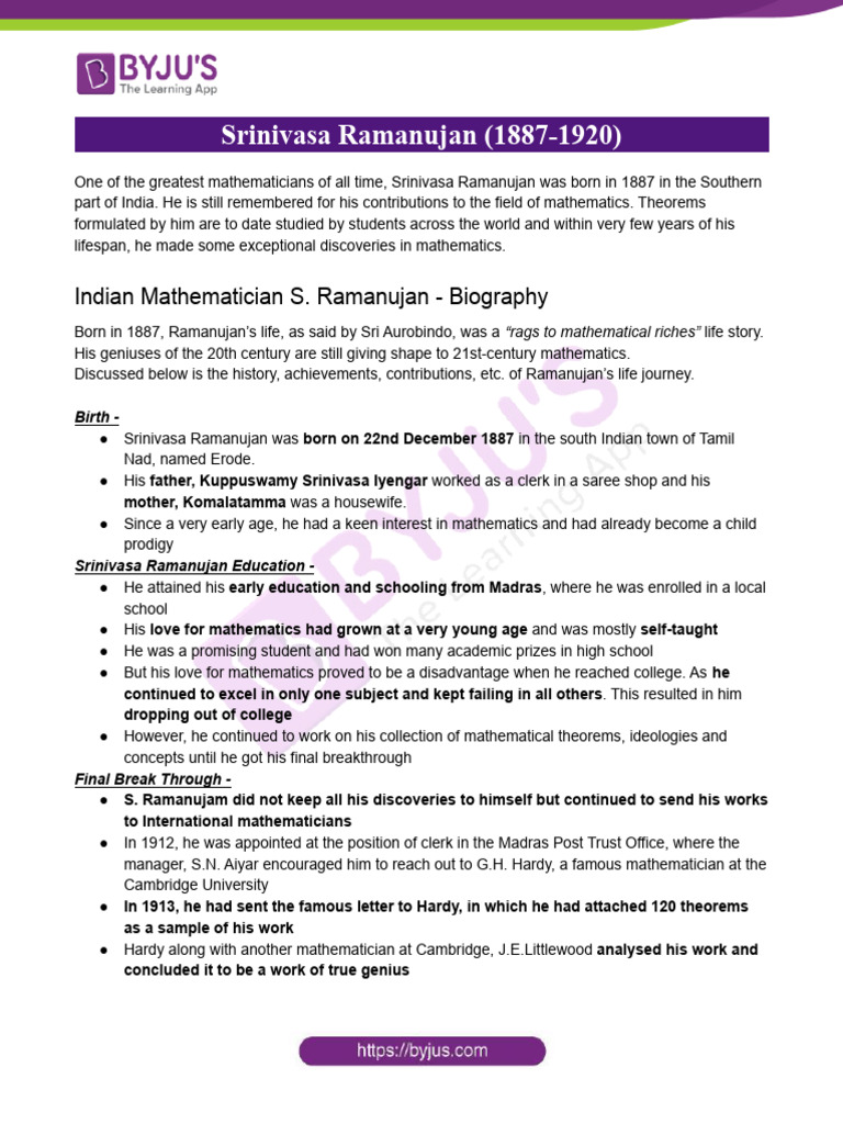Srinivasa Ramanujan 1887 1920 | PDF | Science | Mathematics Srinivasa Ramanujan 1887 1920 | PDF | Science | Mathematics