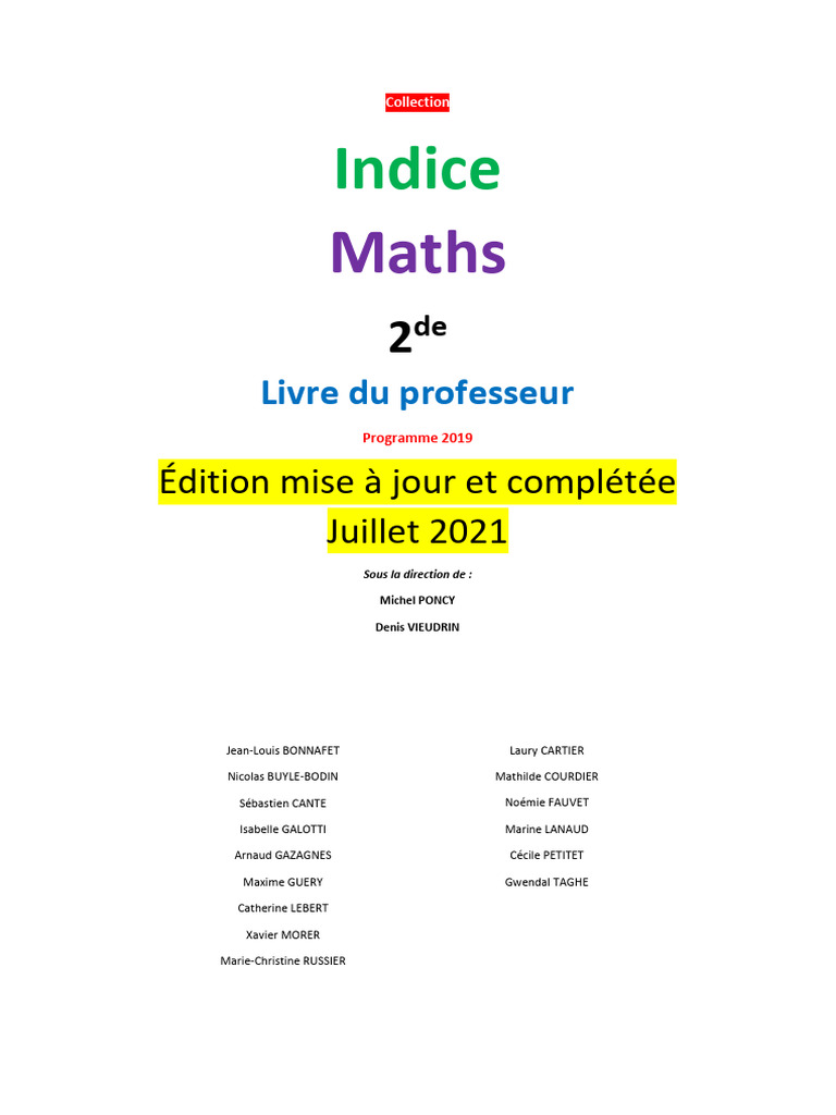 Indice Maths 2de - Livre du Professeur | PDF