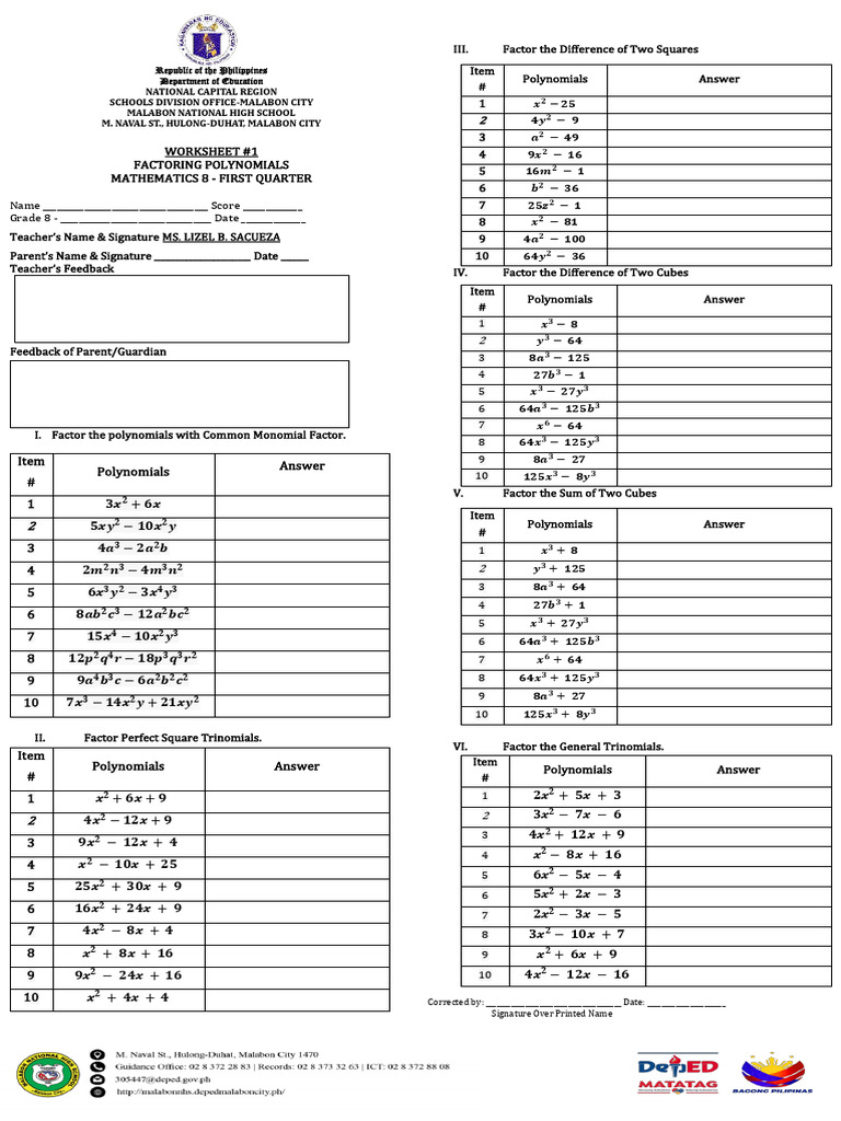 Worksheet 1 Math 8 | PDF | Factorization | Mathematics Of Computing
