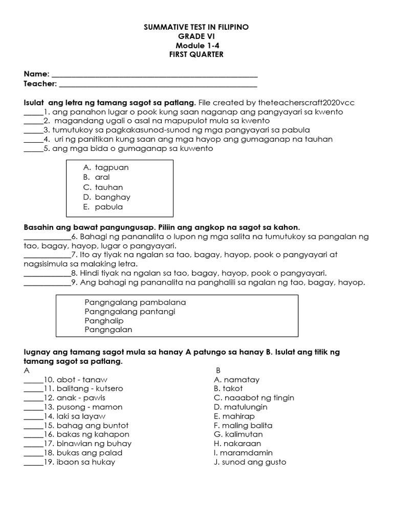 Summative Test in Filipino | PDF