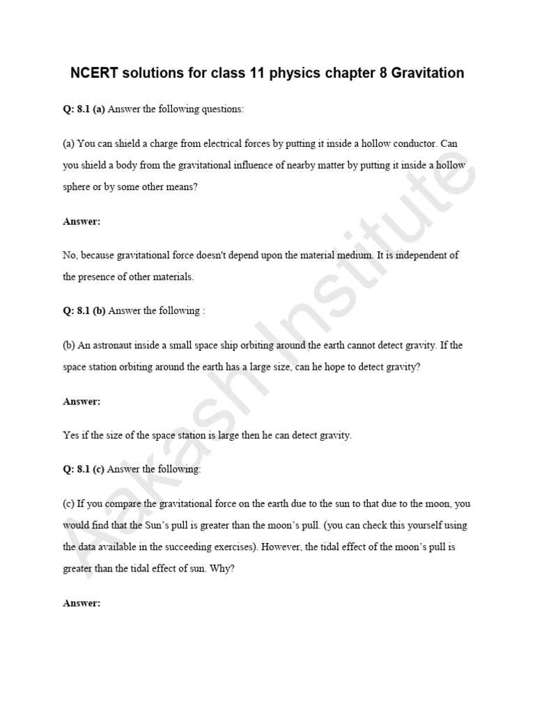 Class 11 Physics Chapter 8 Solutions | PDF | Orbit | Mass